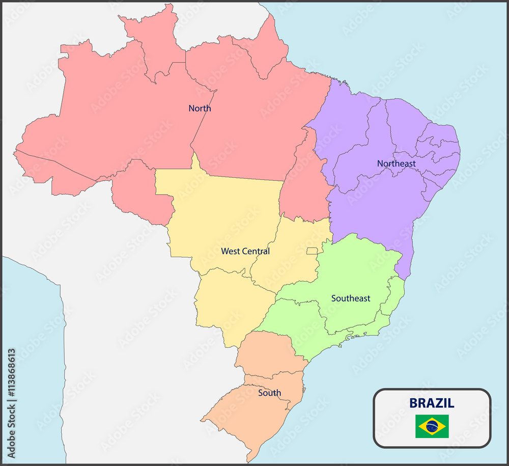 Political Map of Brazil with Names Stock Vector | Adobe Stock