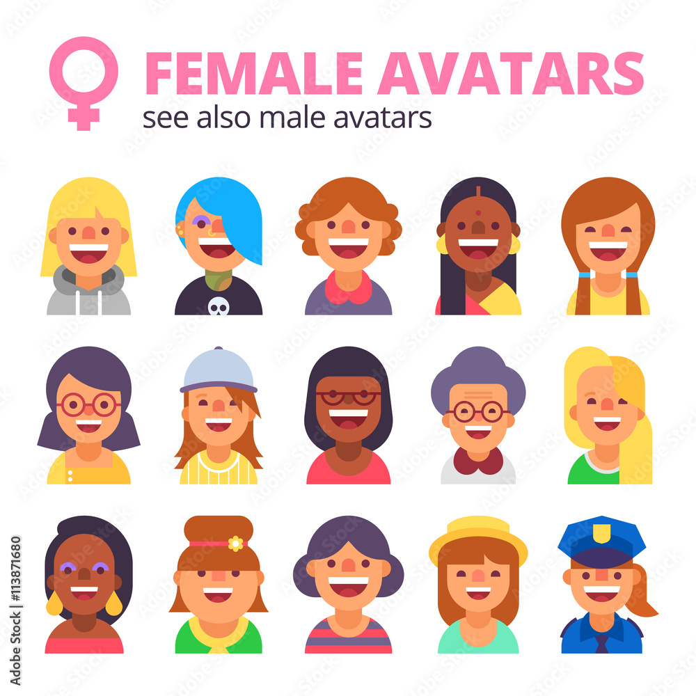 Set of female avatars. Different skin tones, clothes and hair styles ...