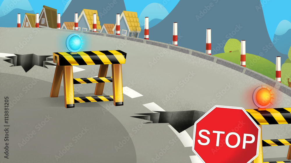 Cartoon scene of street being repaired - construction works ...