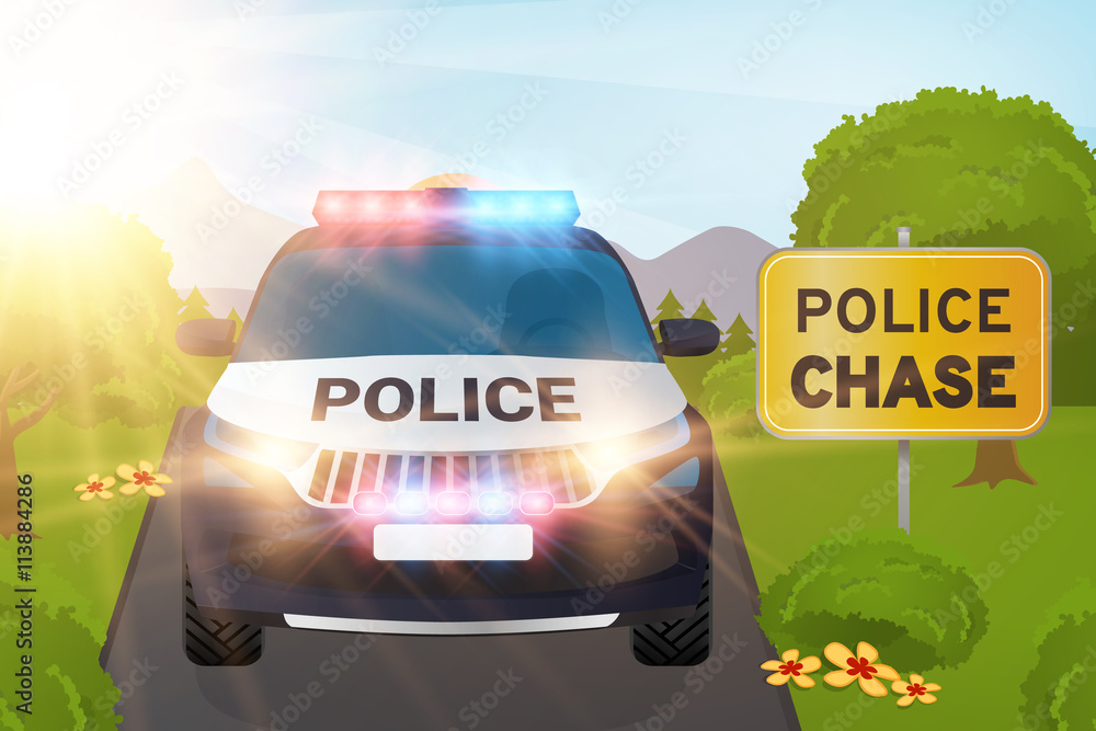 Police car in the nature with police chase sign front view vector ...