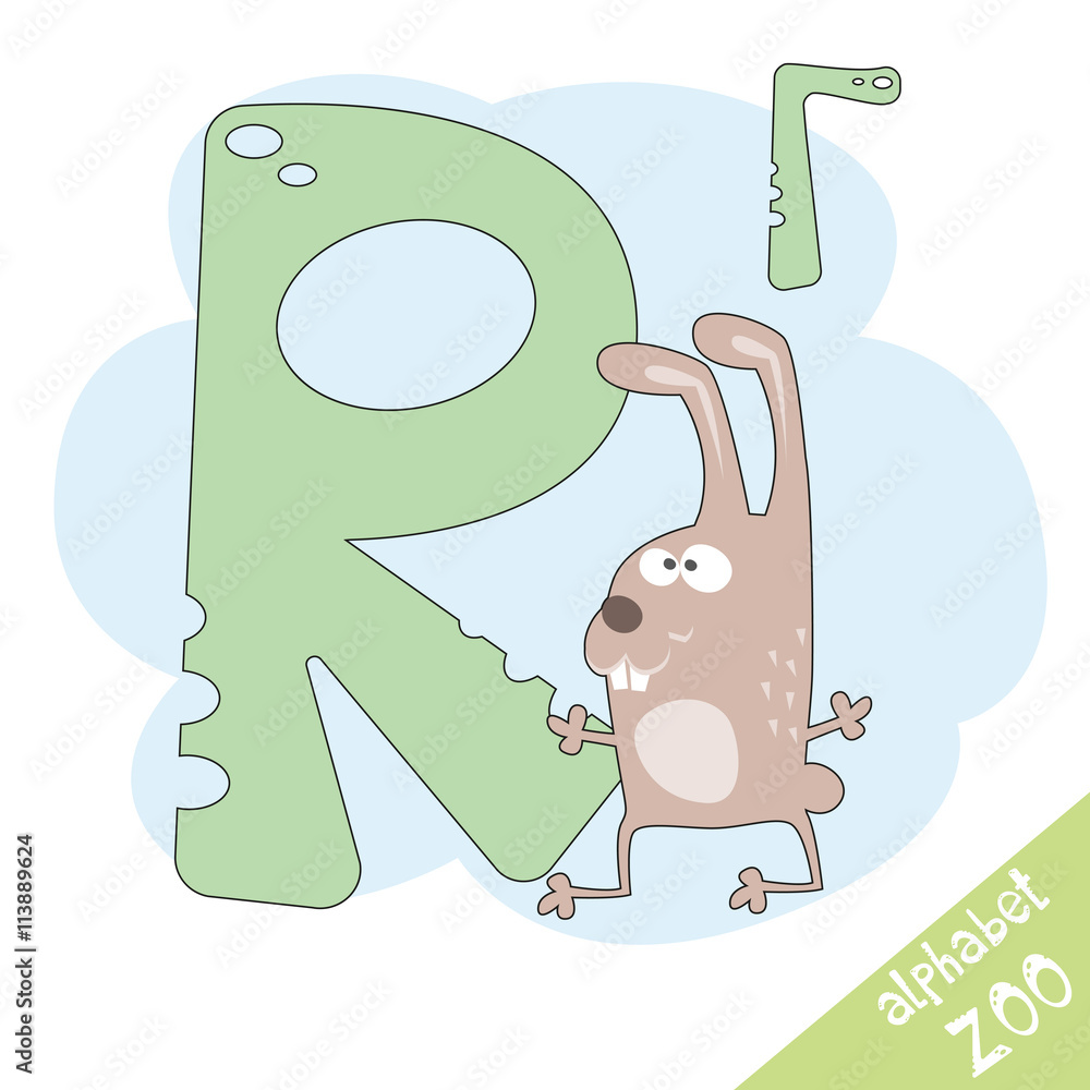 Hand drawn letter R and funny cute rabbit. Children's alphabet in ...