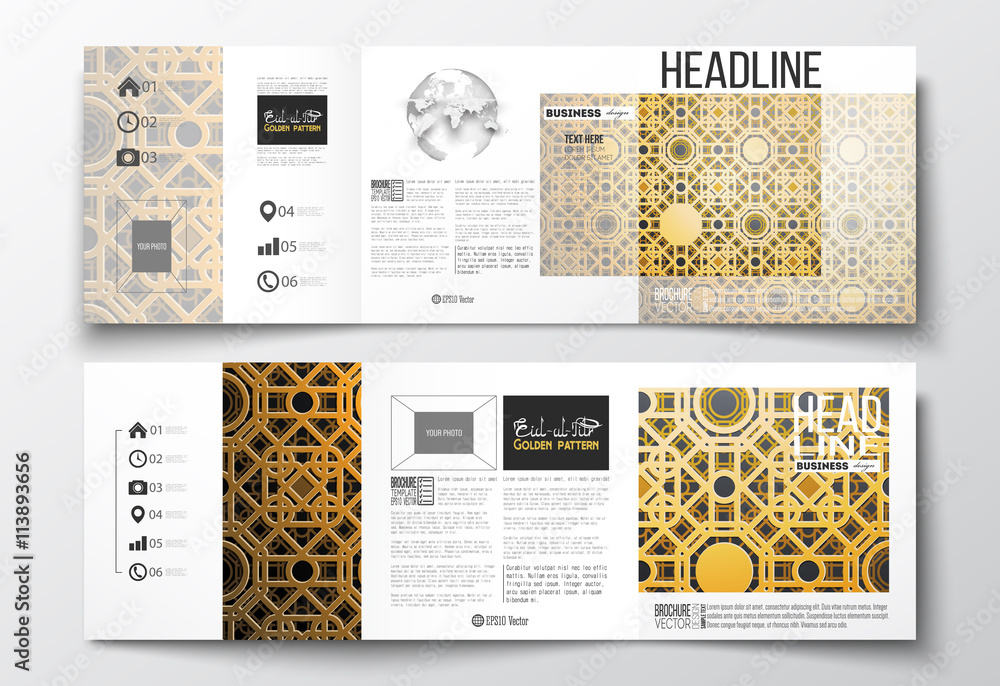 Set of tri-fold brochures, square design templates. Islamic golden ...