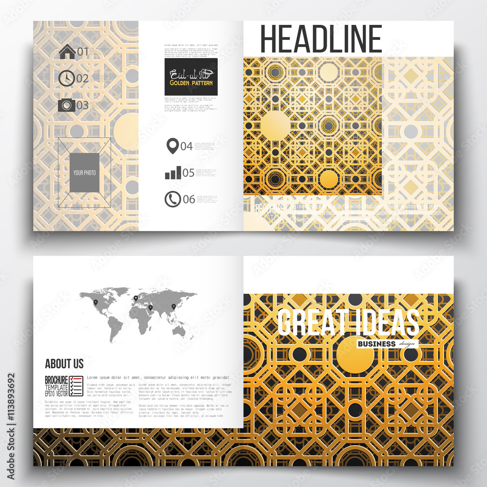 Set of square design brochure template. Islamic golden vector texture ...