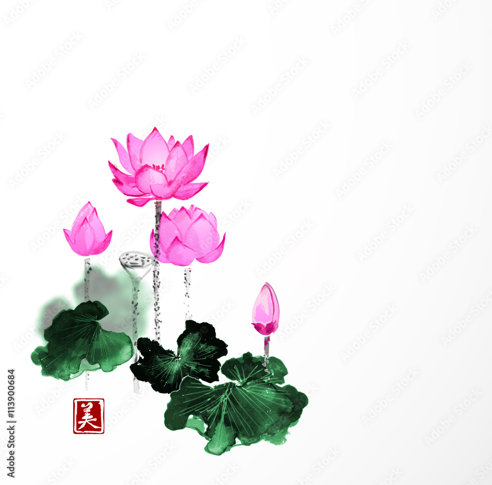Pink lotus flowers hand drawn with ink. Traditional Japanese ink ...