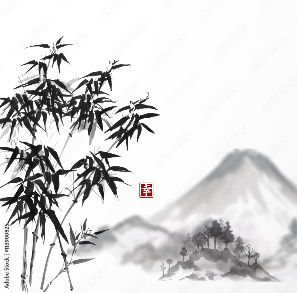 Bamboo trees and Fujiyama mountain hand-drawn with ink in traditional ...