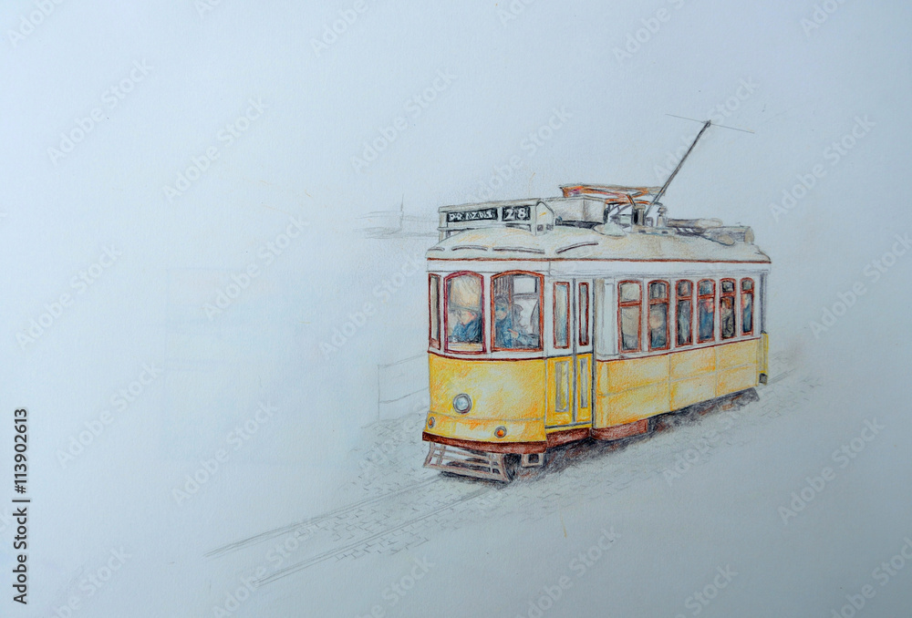 Coloured pencil drawing of yellow Lisbon tram on white background ...
