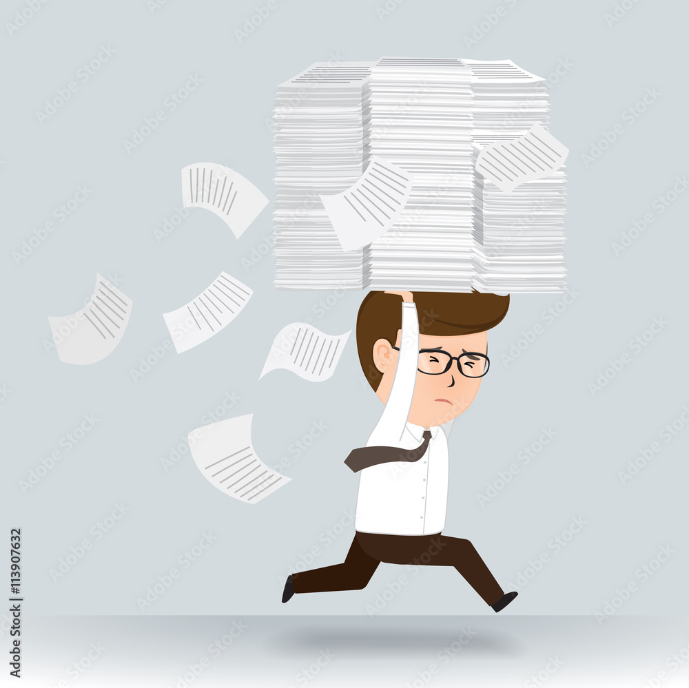 Businessman run holding a lot pile of paper, Businessman Cartoon ...
