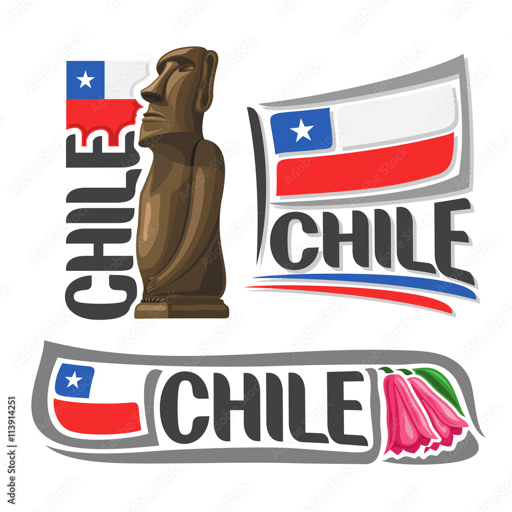 Vector logo Chile, 3 isolated illustrations: Moai stone statue head on ...