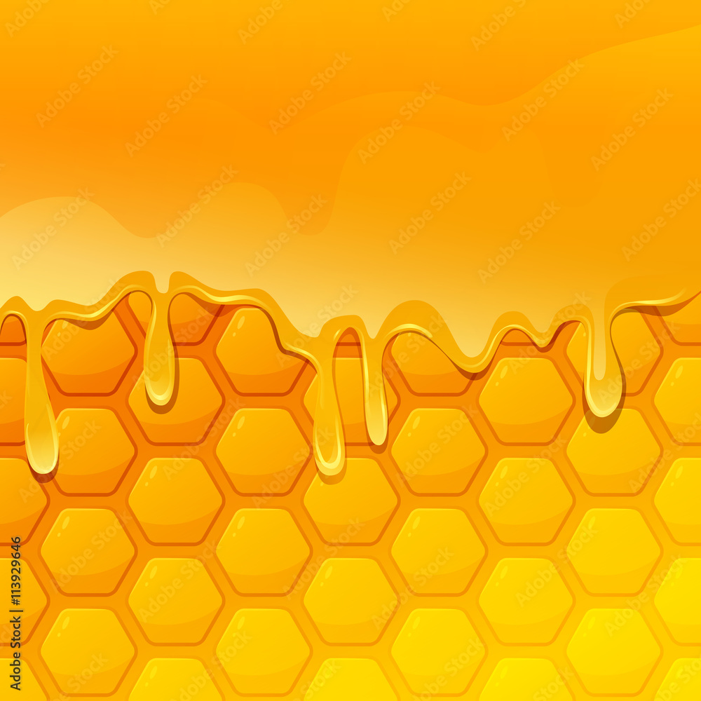 Vector honey background. Liquid honey drops and honeycombs. Design ...