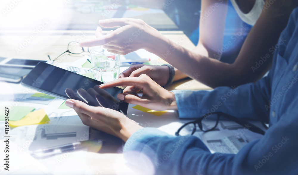 Girl Showing Screen Digital Tablet Hand.Project Managers Researching ...