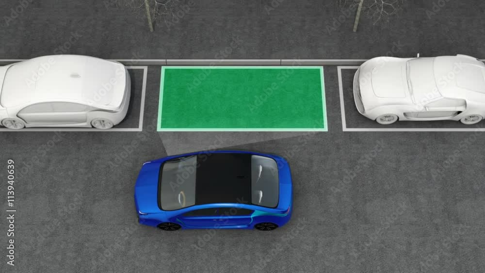 Blue electric car driving into parking lot navigated with parking ...