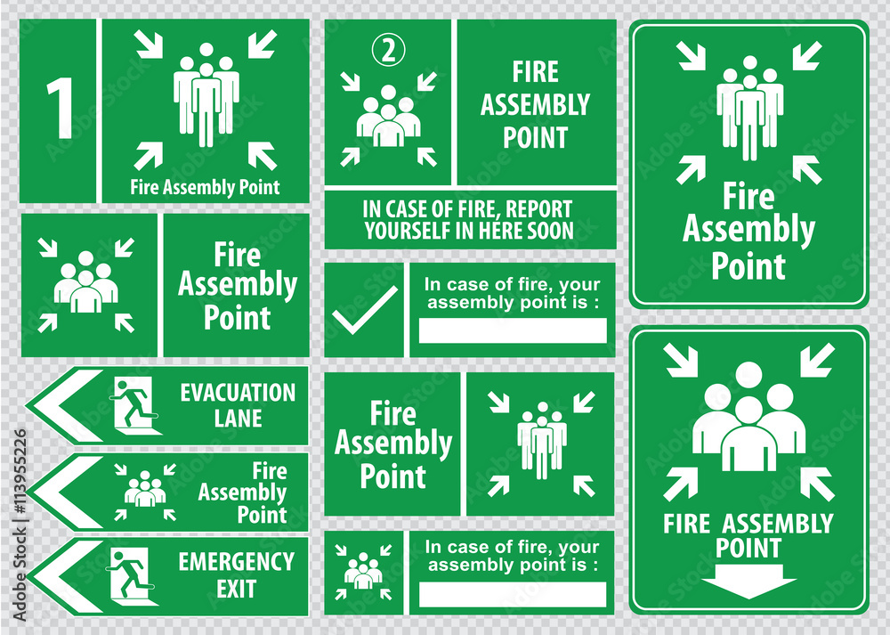 Set of emergency exit Sign (fire exit, emergency exit, fire assembly ...