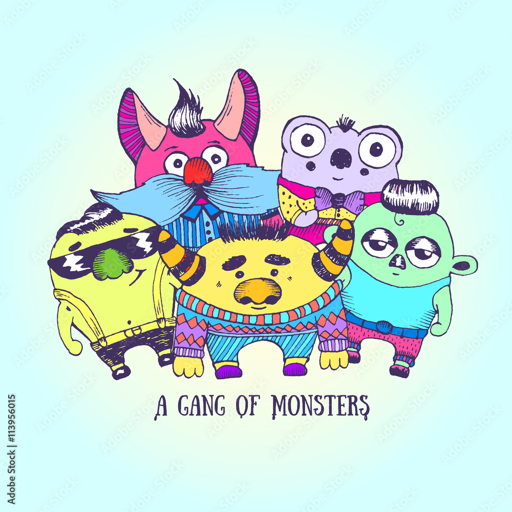 Cute character monsters drawn in ink. Vector illustration. Sketch ...
