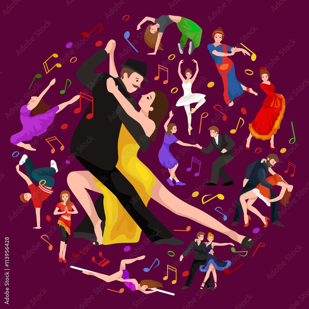 Vector illustration of couple dancing modern dance, Partners dance ...