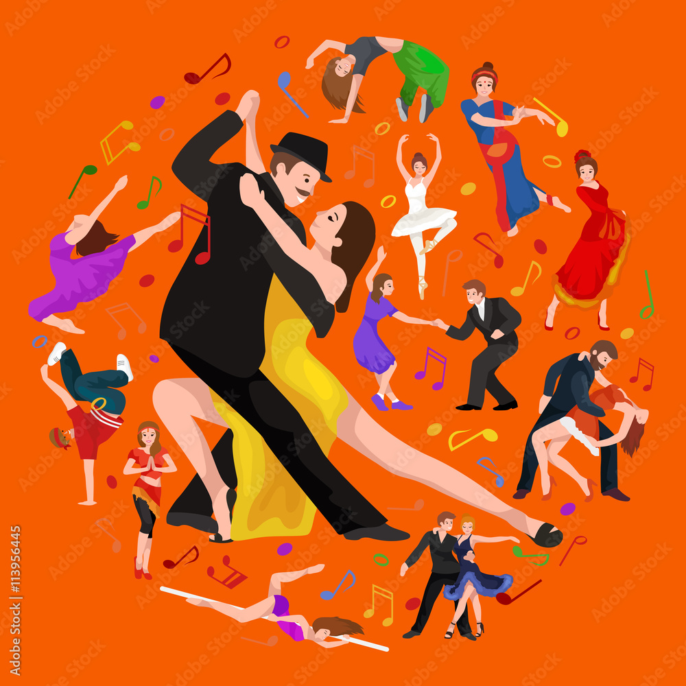 Vector illustration of couple dancing modern dance, Partners dance ...