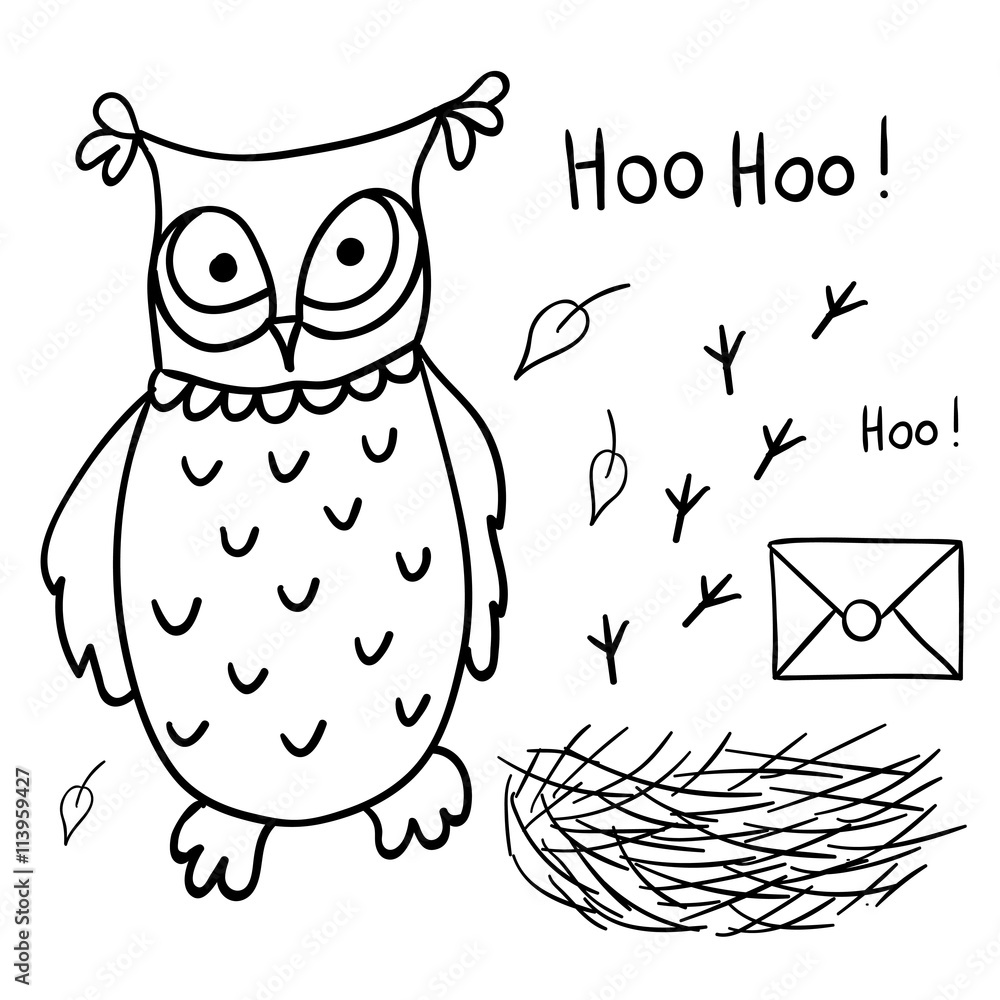 Cute cartoon wise owl with mail, nest, footprints Stock Vector | Adobe ...
