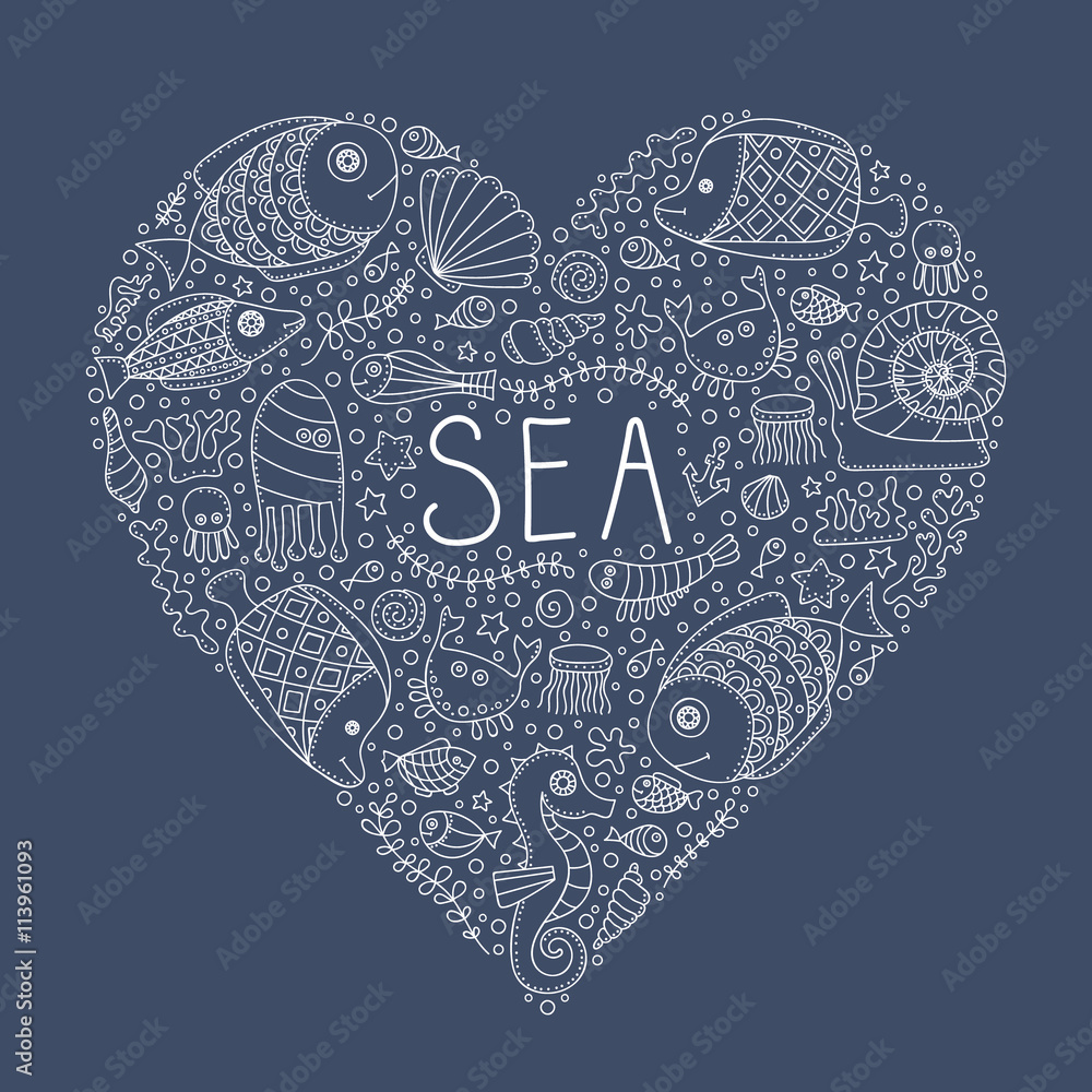 Sea heart. Vector hand drawn doodle sea elements - fish, sea star, sea ...