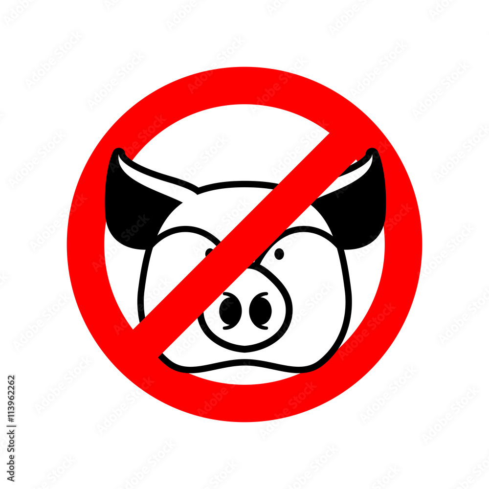 Stop pork. Prohibited animal meat. Crossed-out pig head. Emblem Stock ...