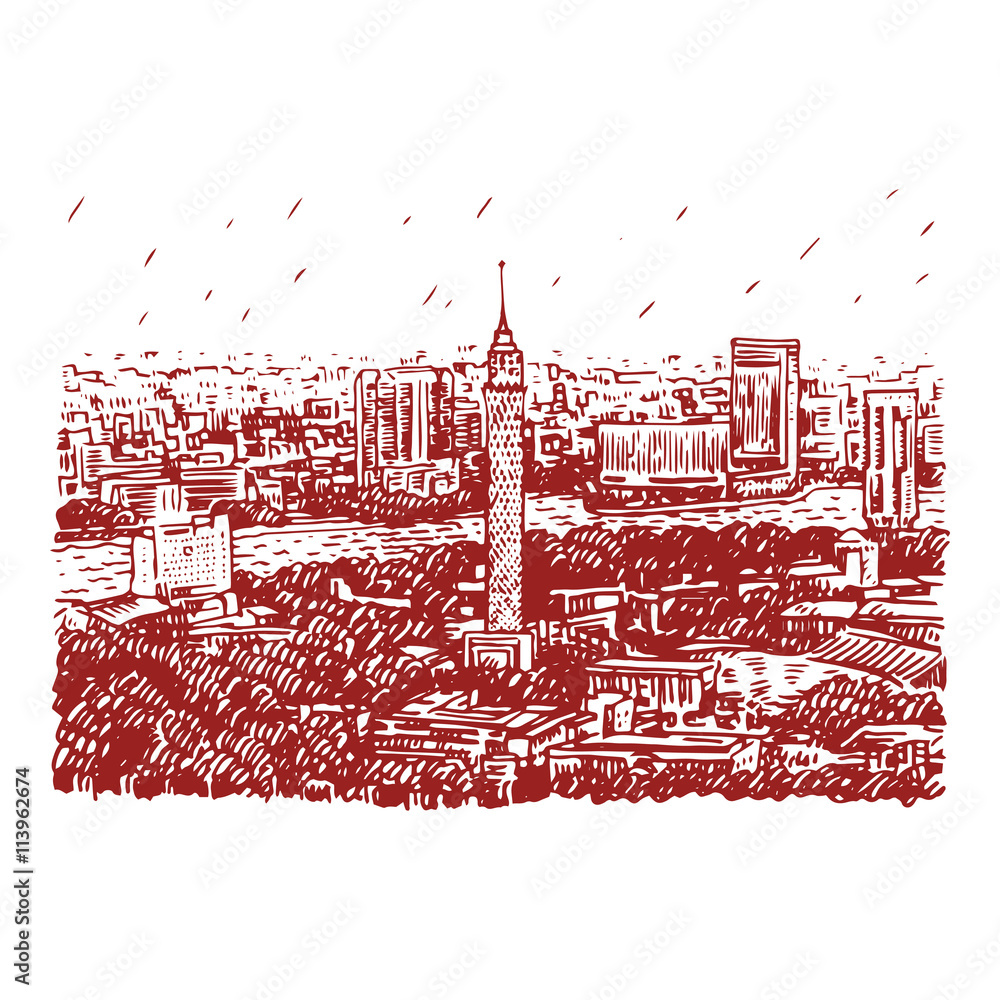 Cairo Tower in Egypt with the Nile River view. Hand drawn sketch ...