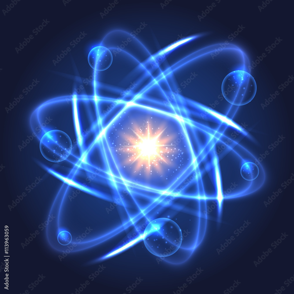 Vector atom icon. Shining nuclear atom model Stock Vector | Adobe Stock