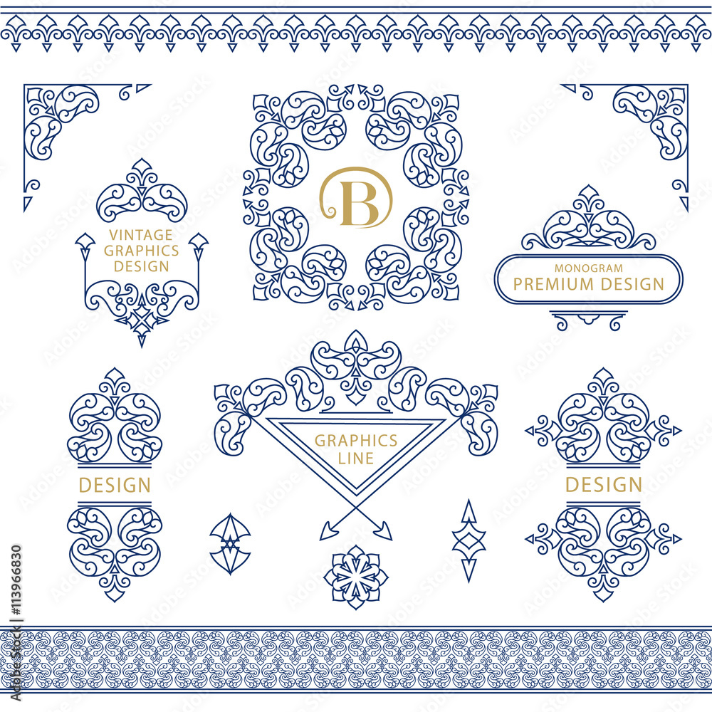 Set of line art frames and borders for design template. Element in ...