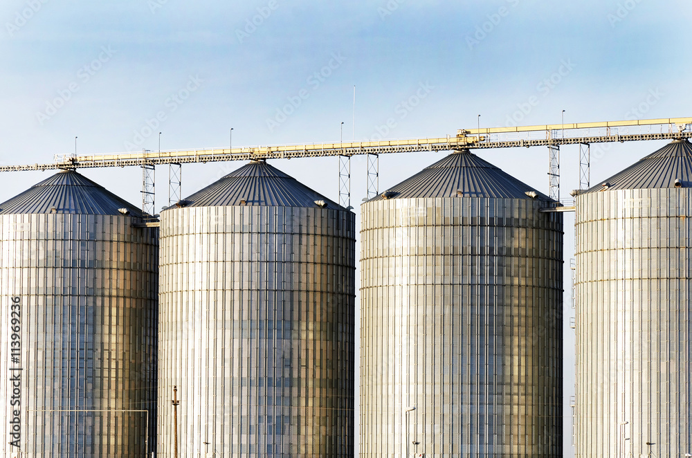 Exterior structure of new agriculture silo building. Steel grain silo ...