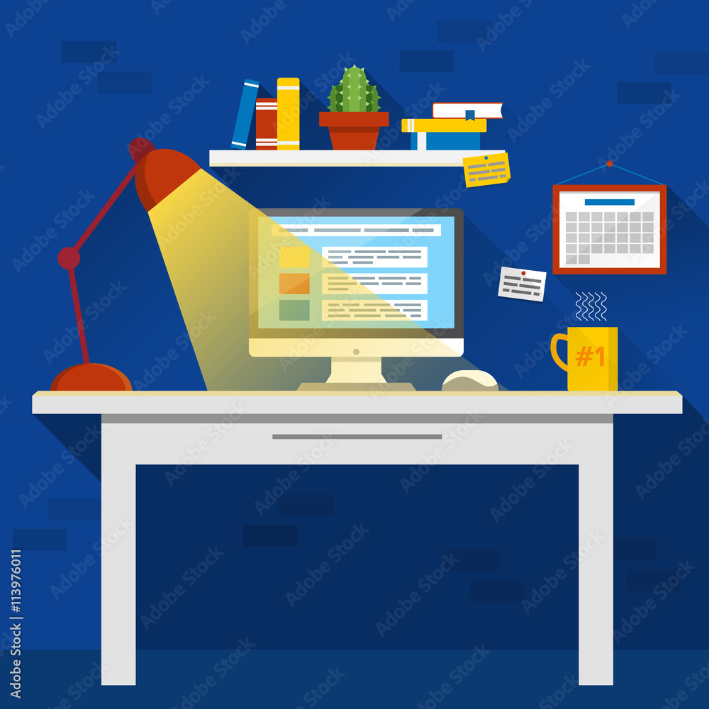 Creative cartoon office workspace with computer, lamp, calendar, books ...