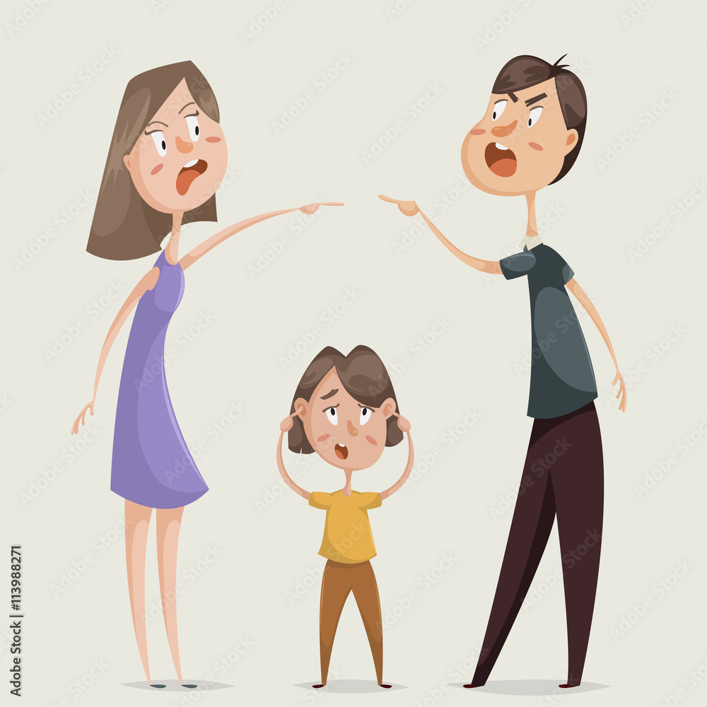 Divorce. Family conflict. Couple man and woman swear and child close ...