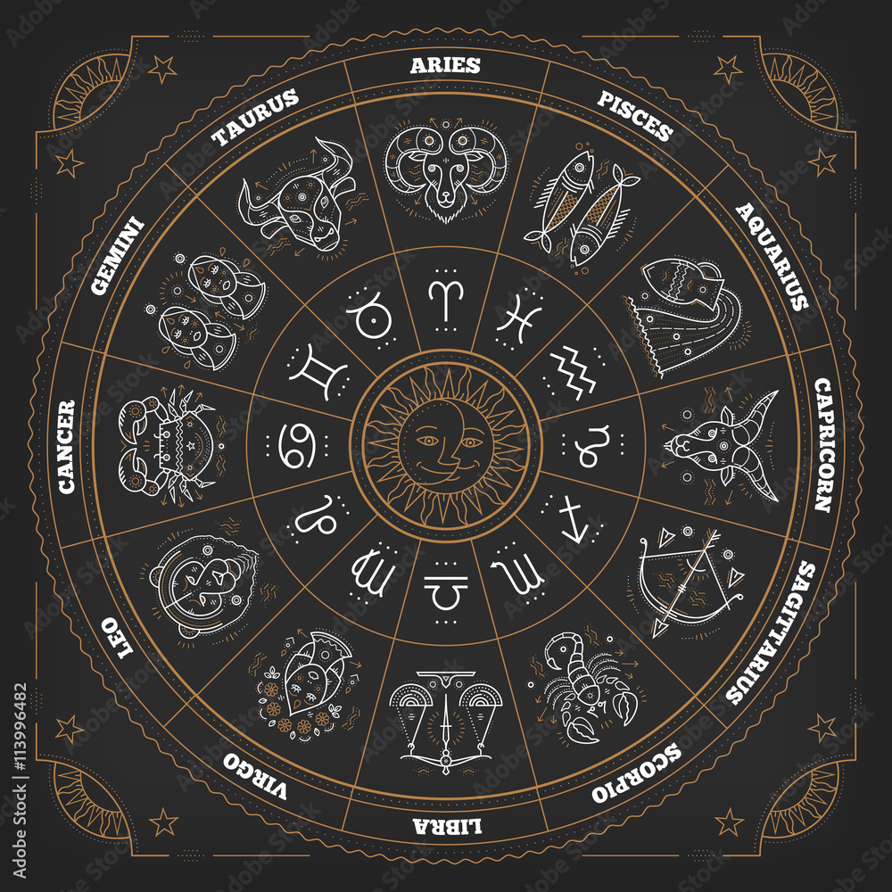 Zodiac circle with horoscope signs. Thin line vector design. Astrology ...