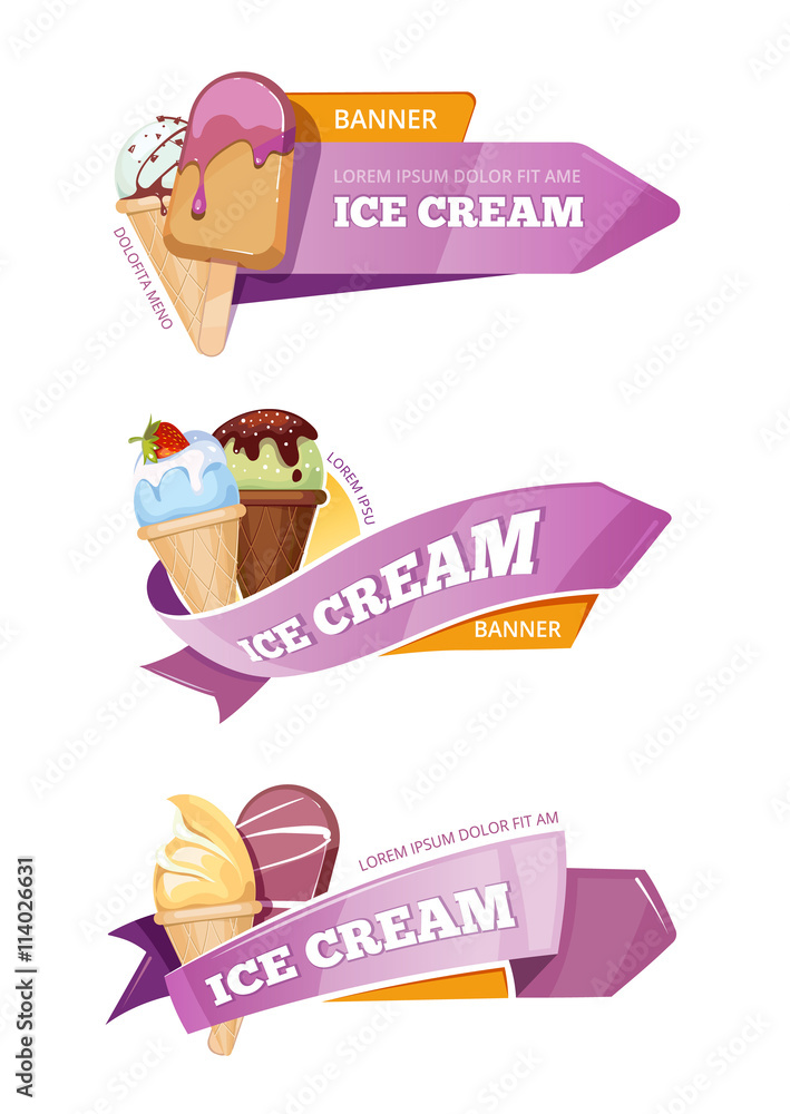 Sweet ice cream vector banners set. Ice cream in cone or on stick ...