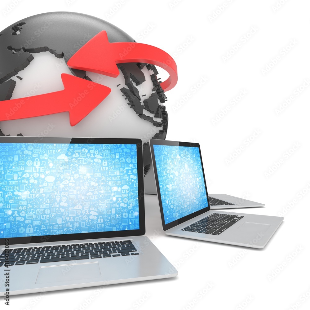 Laptop network around earth globe. 3d rendering. Stock Illustration ...