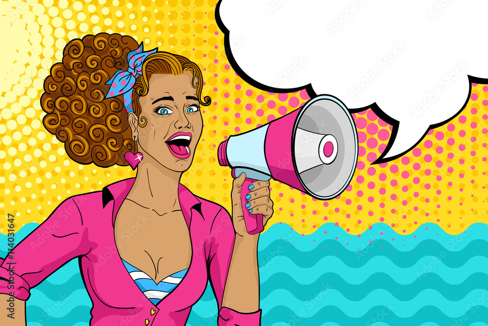 Sexy Sun Tanned Pop Art Woman With Open Mouth And Megaphone Speaking