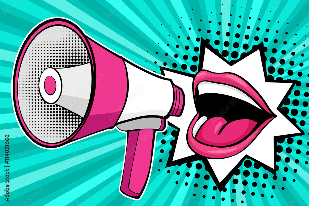 Sexy Open Female Mouth And Megaphone Screaming Vector Background In