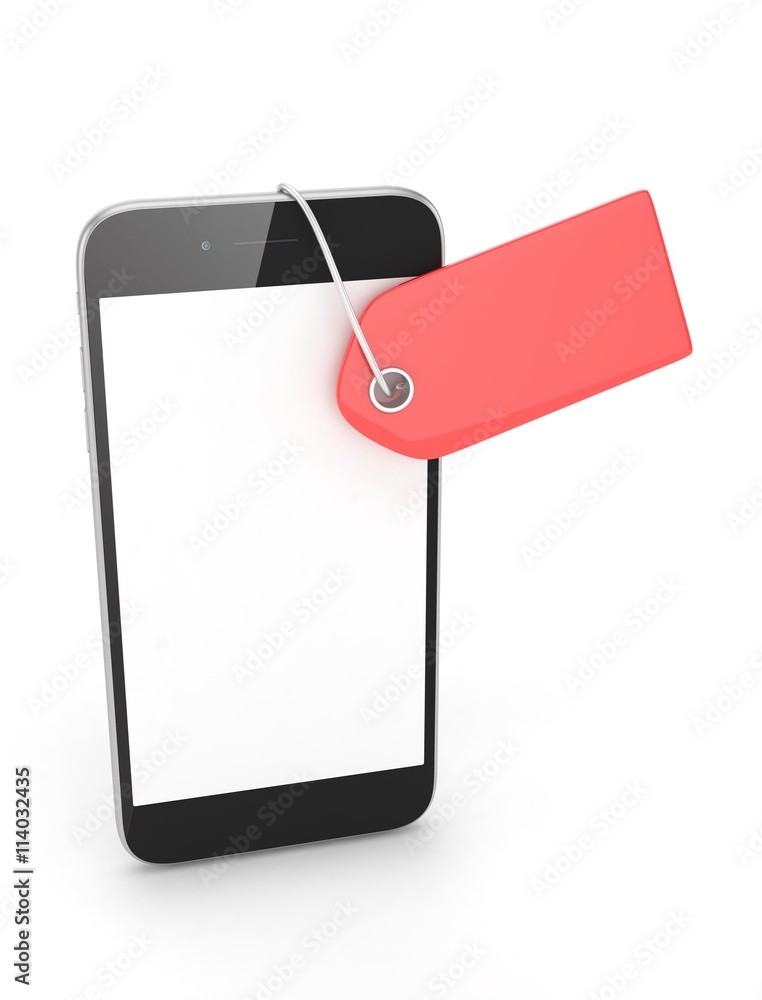 Smart phone with red price tag on white background. Identification ...