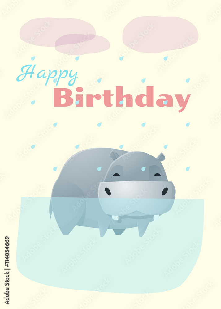 Birthday and invitation card animal background with hippo,vector ...