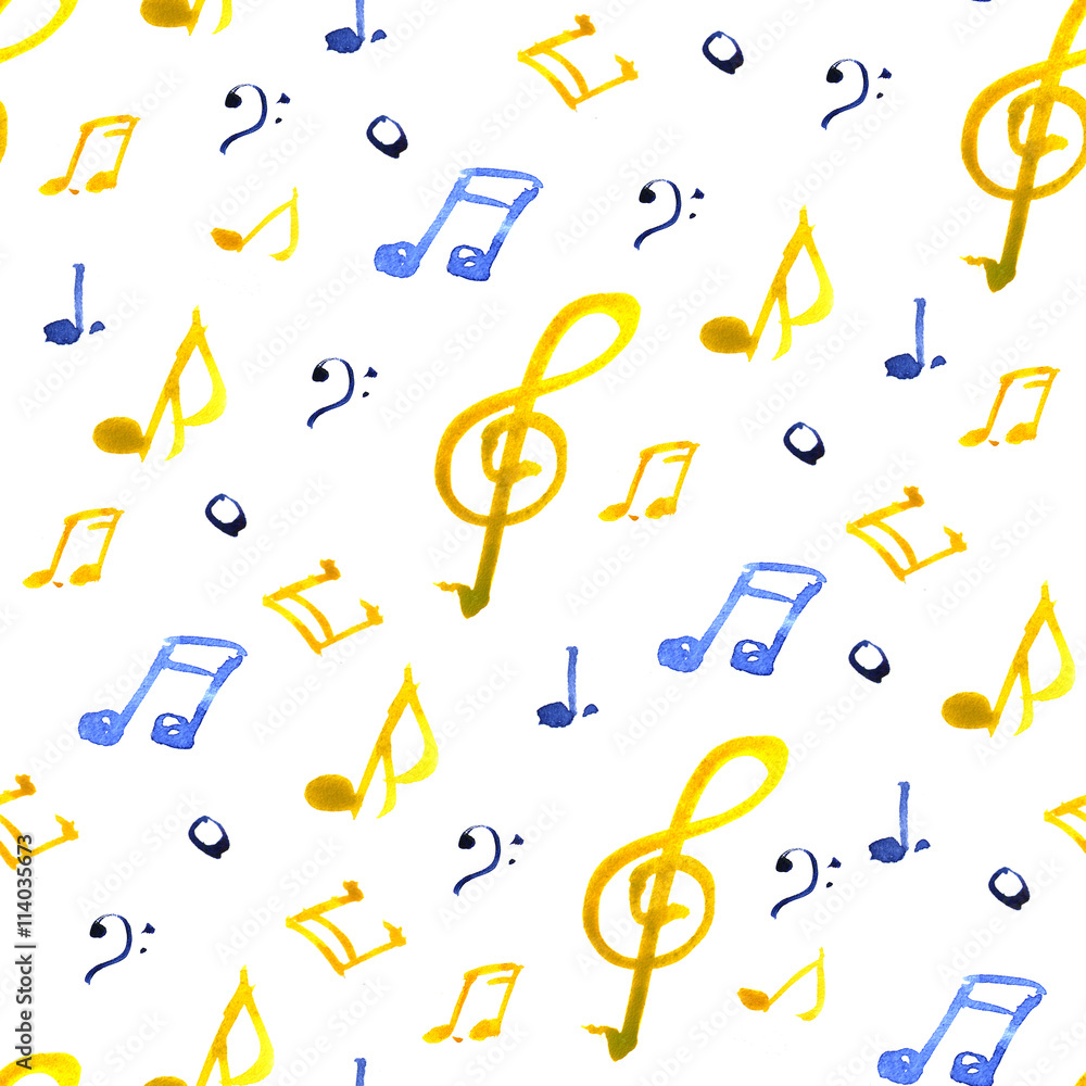 Watercolor music notes pattern on white background Stock Illustration ...