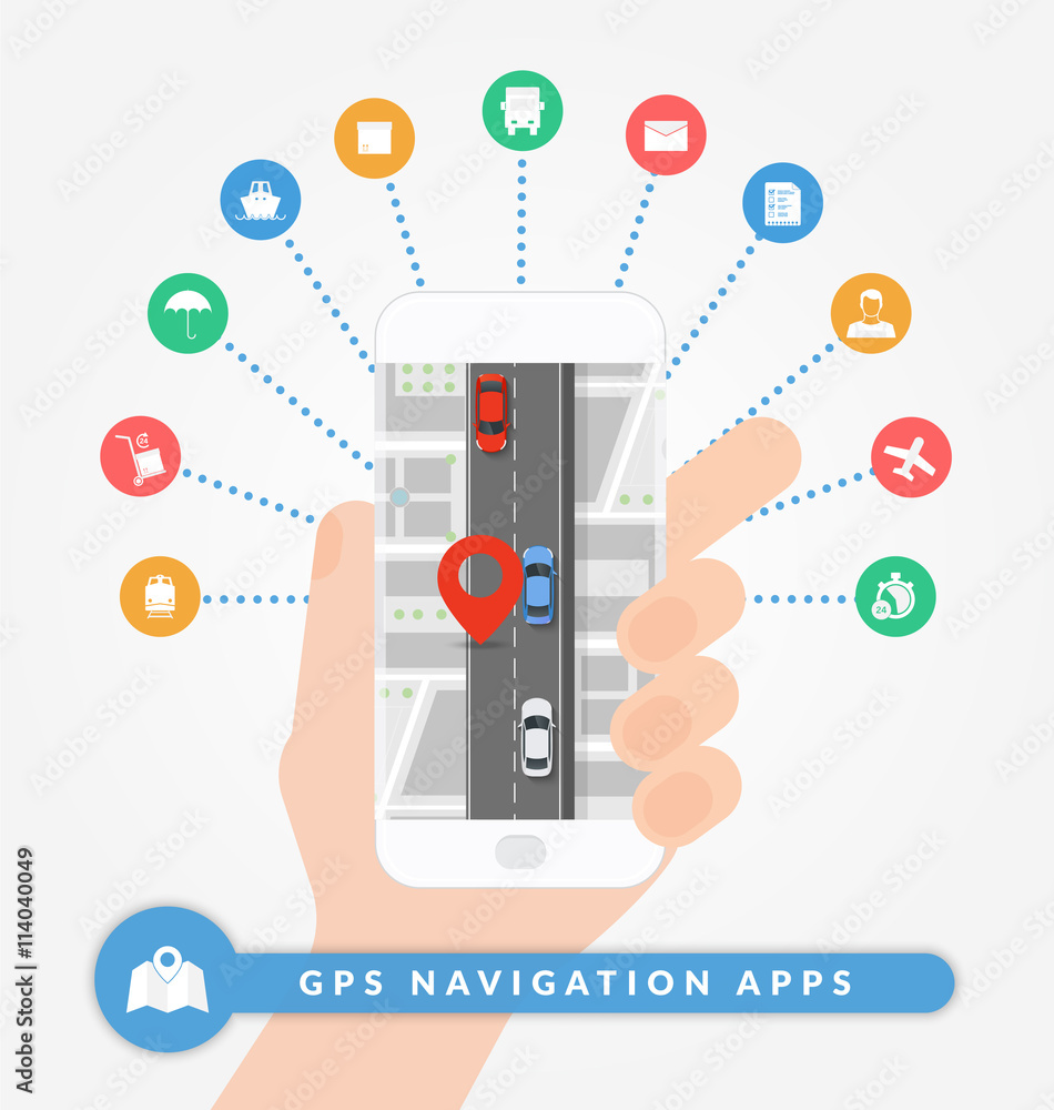 GPS navigation apps on mobile phone. Road navigation concept with city ...