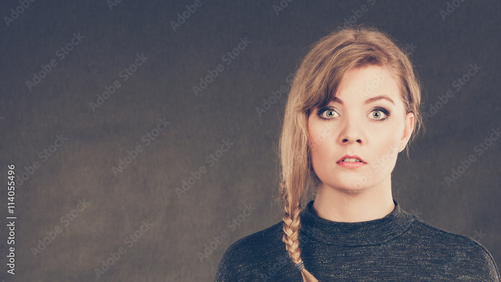 Blonde confused scared woman. Stock Photo | Adobe Stock