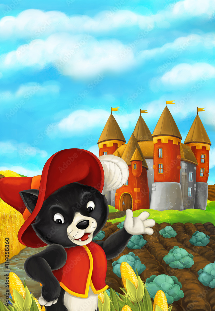 Cartoon scene with a cat in the corn field - looking around from his ...