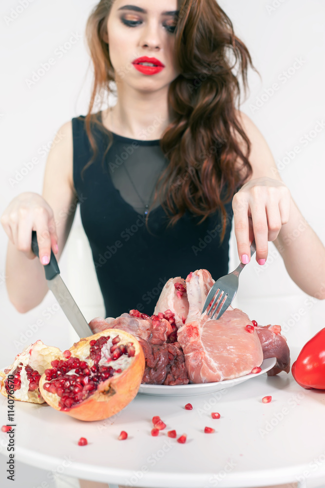 Image of healthy eating. Woman eating flesh meat at restaurant Stock ...