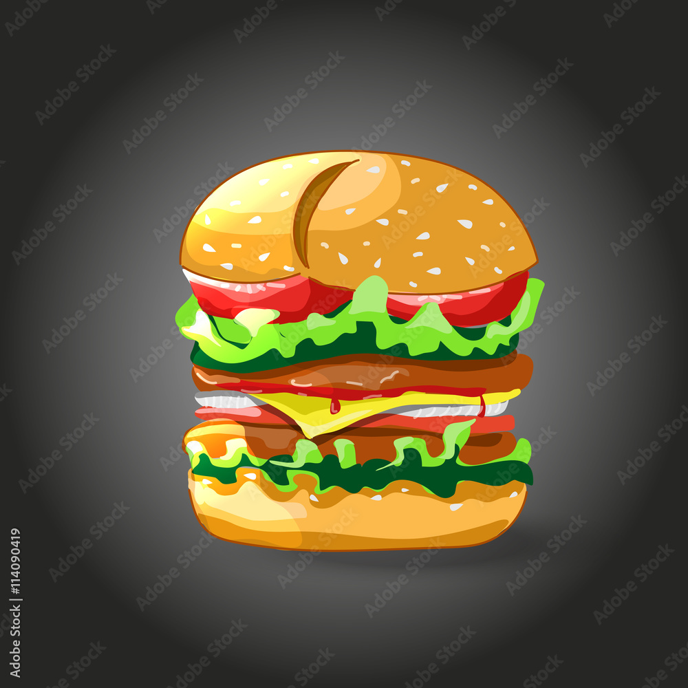 Cartoon burger. Cheeseburger or hamburger icon for fastfood restaurant ...