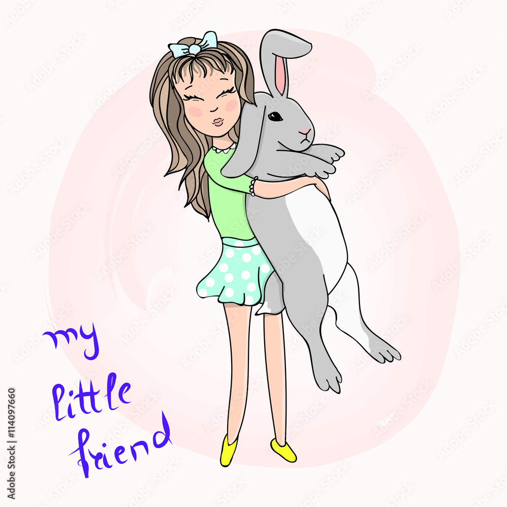 Cute girl with rabbit on her hands. Little girl hugging a large Stock ...