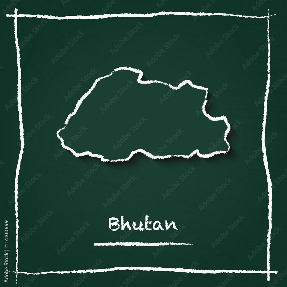 Bhutan outline vector map hand drawn with chalk on a green blackboard ...