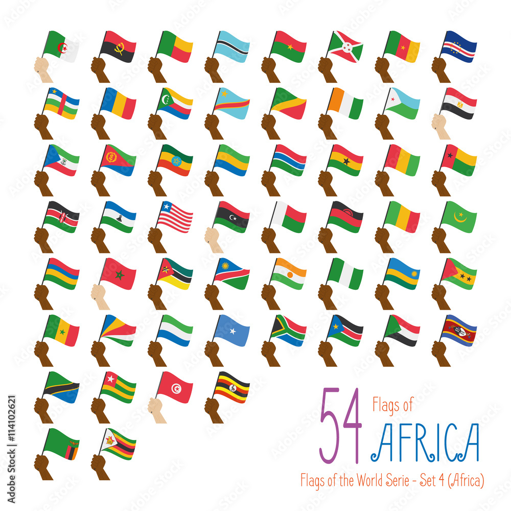 Set of 54 flags of Africa. Hand raising the national flags of 54 ...