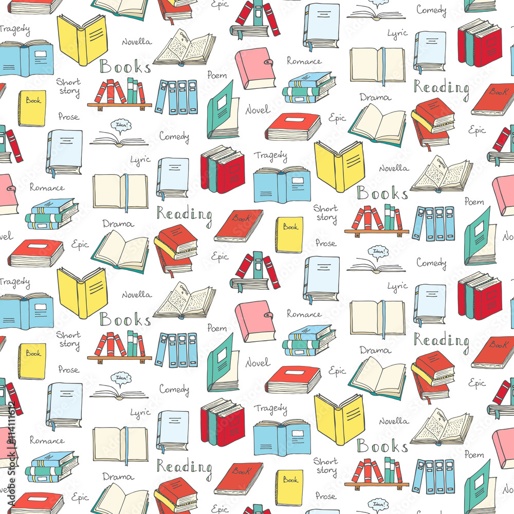 Seamless background hand drawn doodle Books and Reading set Vector ...