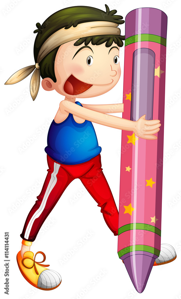 Little boy holding giant crayon Stock Vector | Adobe Stock