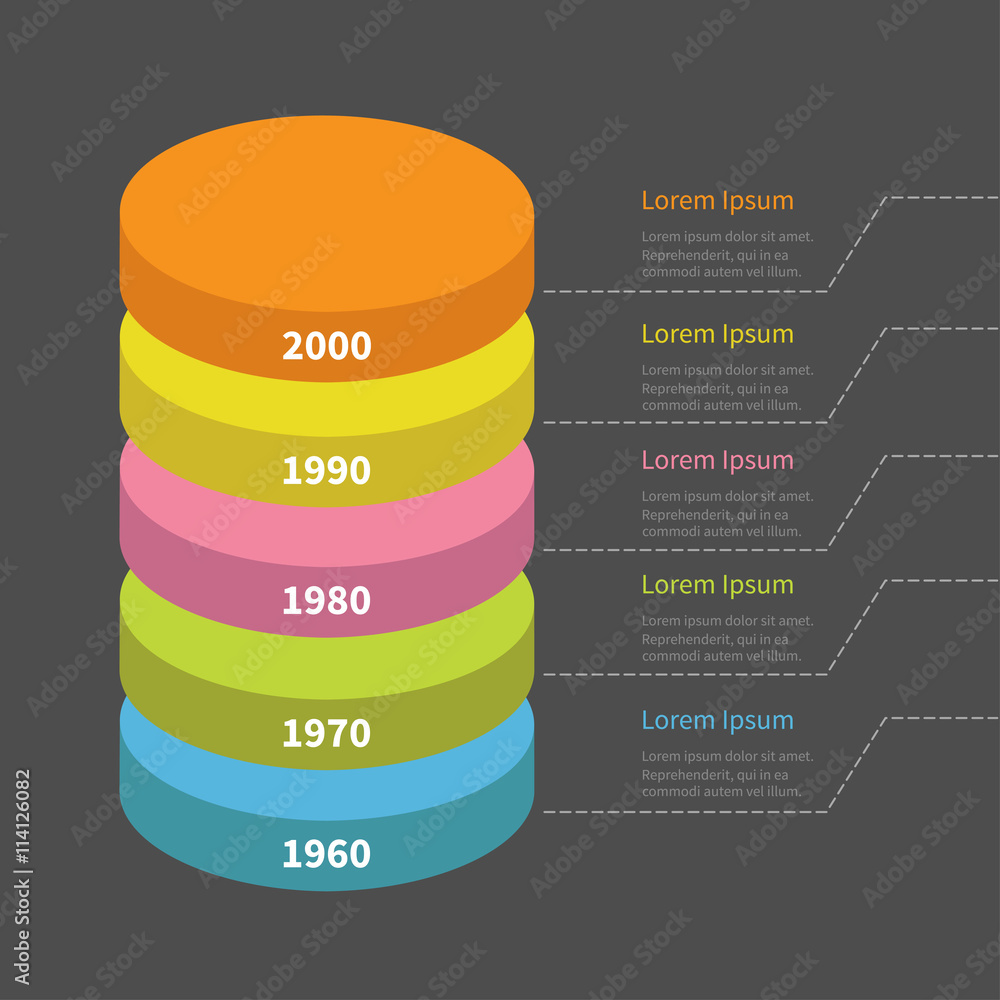 Timeline vertical round colorful segment stack. Infographic with dash ...
