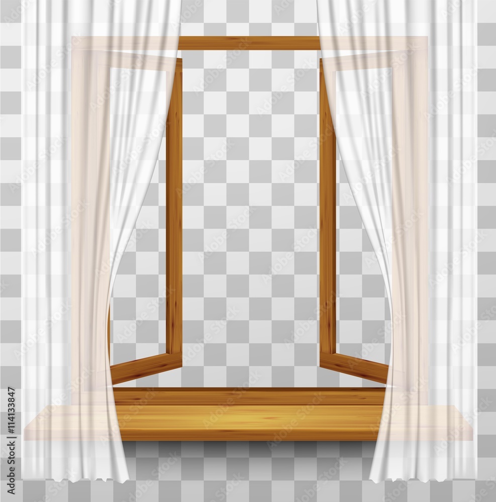 Wooden window frame with curtains on a transparent background. V Stock ...