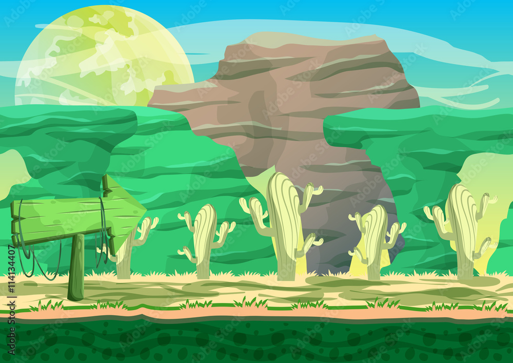 Seamless cartoon vector desert background with separated layers for ...