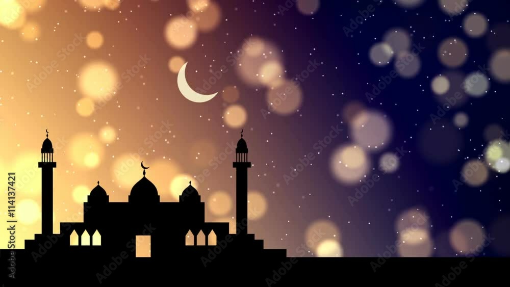 Islamic background with mosque silhouette and glowing particles. Looped ...